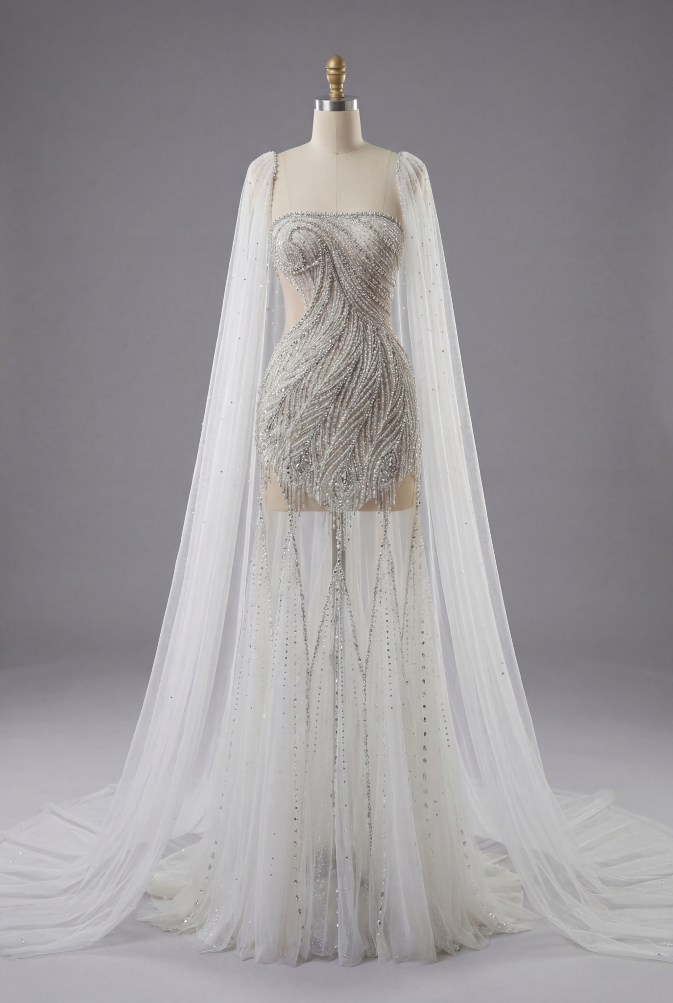 CLARA CRYSTAL BEADED CAPE SLEEVE BRIDAL GOWN - Rania Rose Fashion